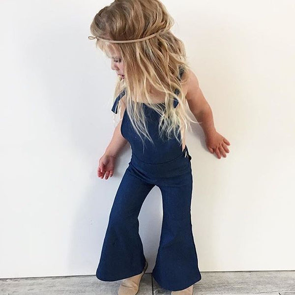 Amelia Denim Overall Bell Bottom Romper - Abby Apples Boutique